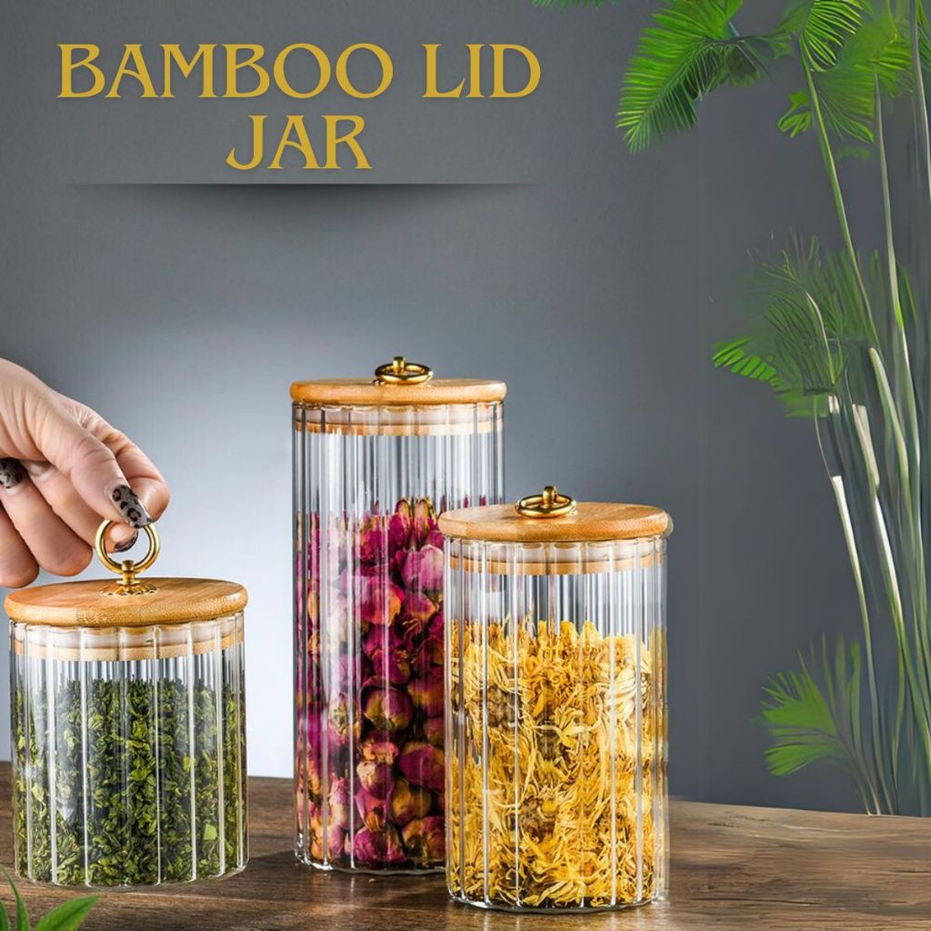 LOCAUPIN Bamboo Lid Ribbed Texture Cereal Canister Food Organizer Mult ...